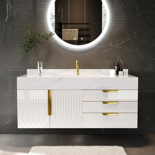 Mercer41 Aro Series Bathroom Vanity Set 35.4" Floating Stone Bathroom Vanity White With Sink ...